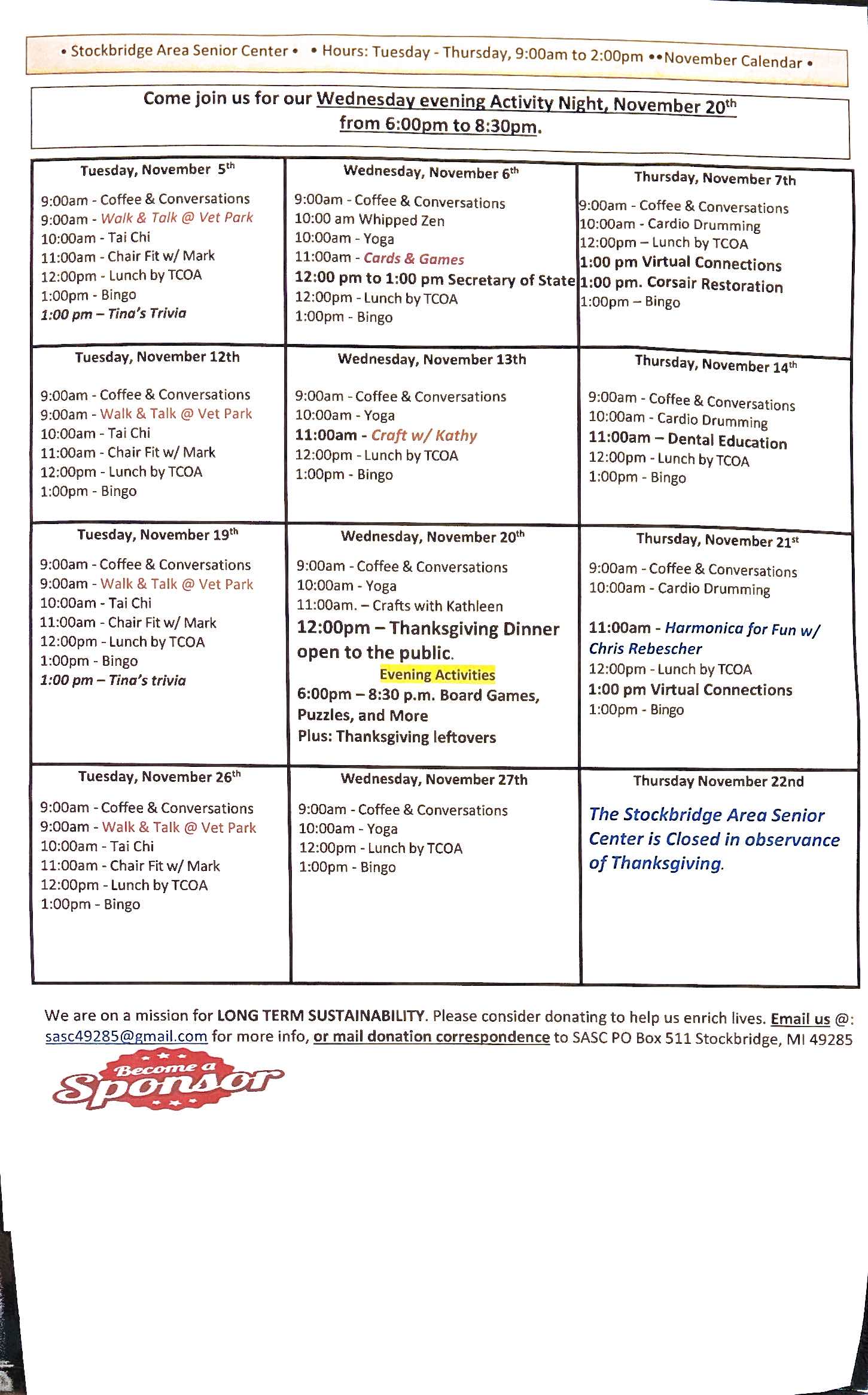 Activities – Welcome to The Stockbridge Area Senior Center